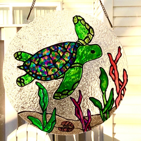 Hand Crafted | Art | New Hand Painted Stained Glass Sea Turtle Sun ...
